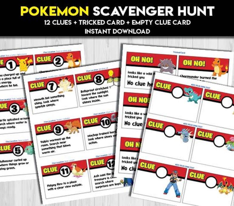 Pokémon Scavenger Hunt Clues Riddles Game | Pokemon Party Birthday ...