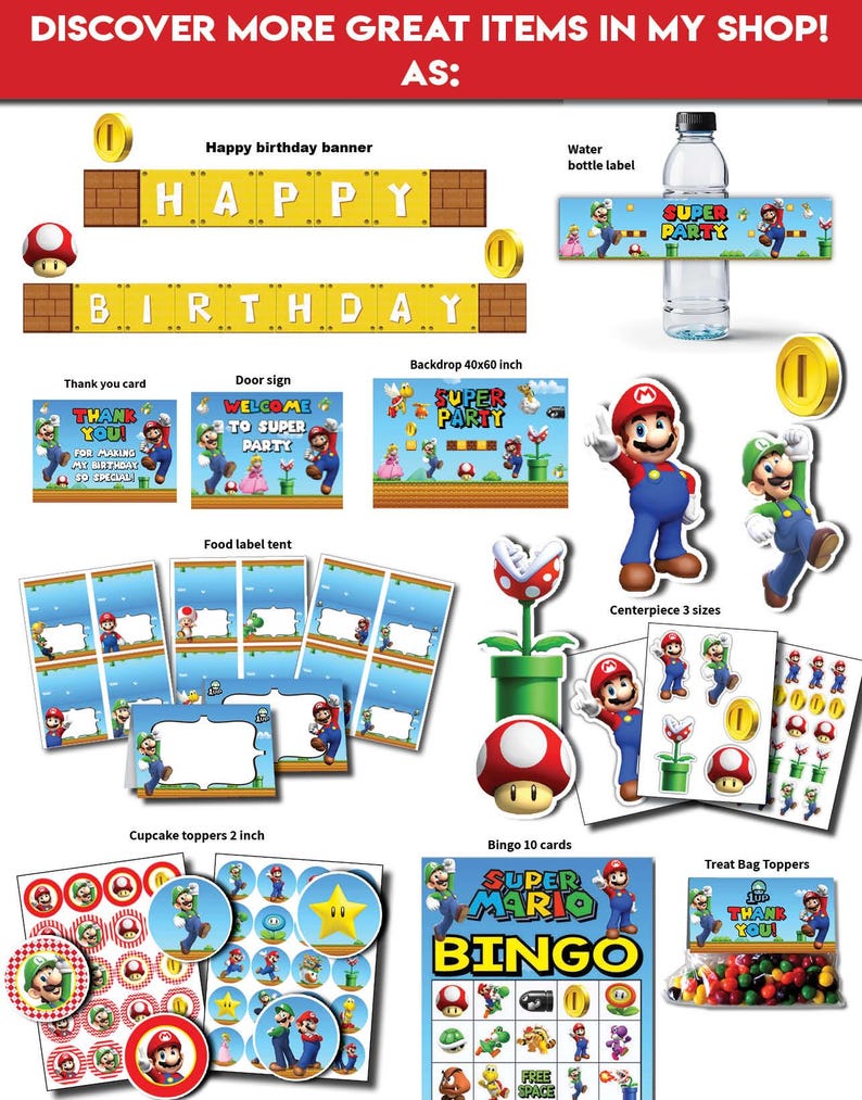 Super Plumber Brothers Food Label Tent | Mario Party Birthday Set Food ...