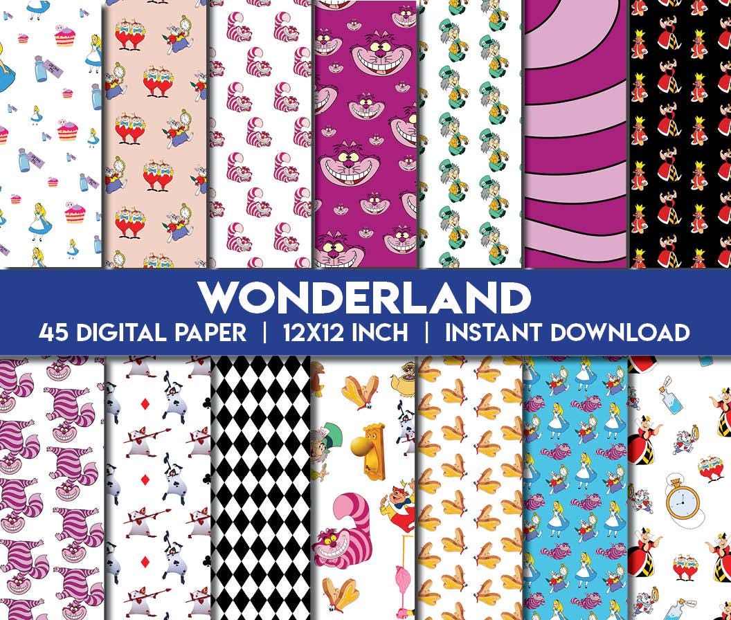 Alice in Wonderland Digital Paper Bundle | Papers Scrapbook Cheshire ...