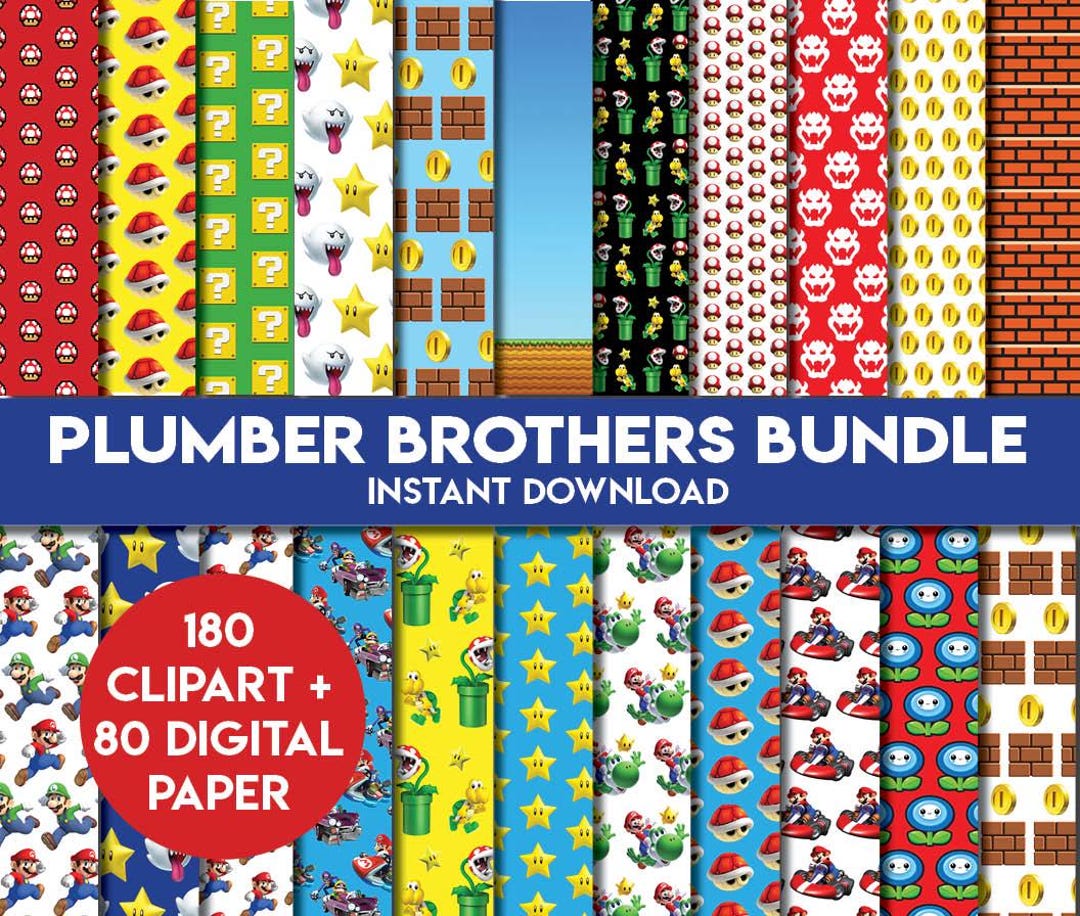 Super Plumber Brothers Digital Paper Clipart Bundle | Mario Papers ...