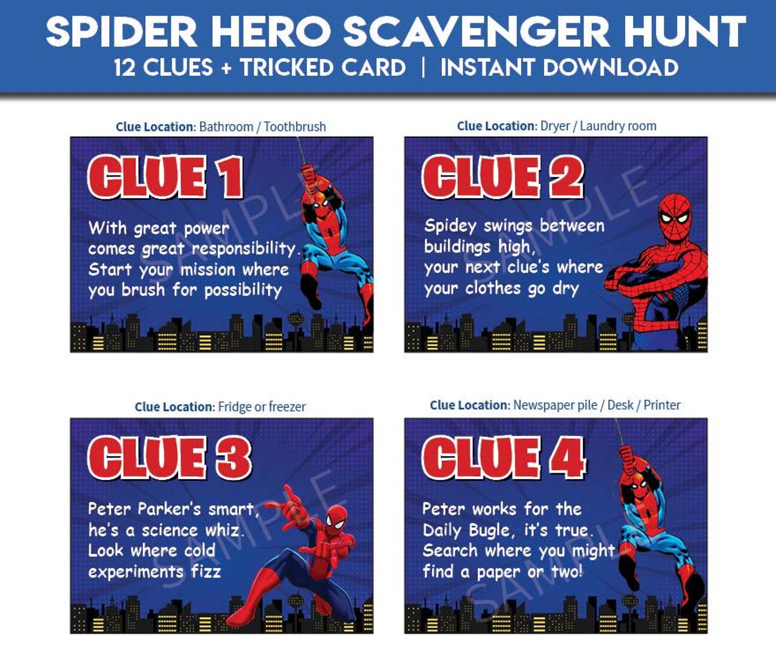 Spider Hero Scavenger Hunt Clues Riddles Game | Web Slinger Tricky ...