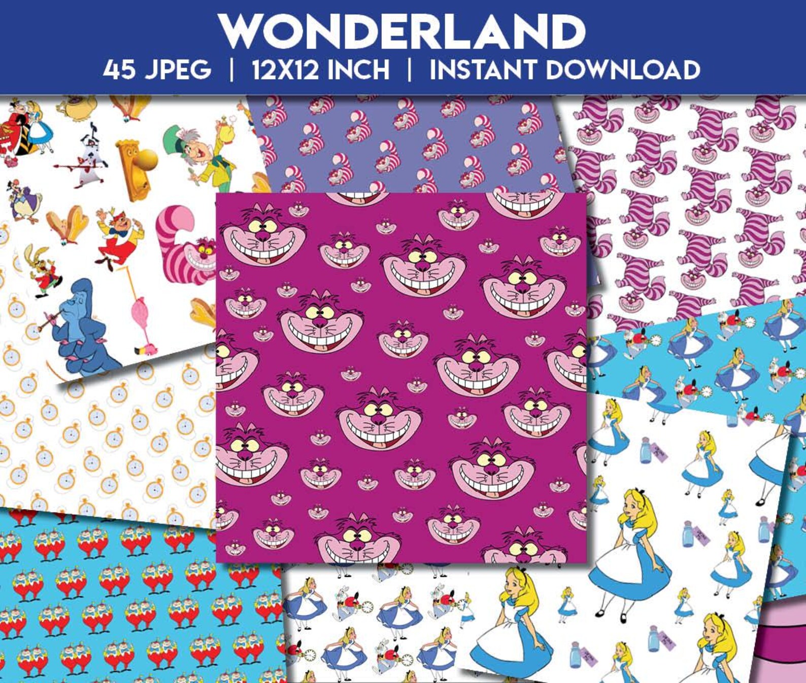 Alice in Wonderland Digital Paper Bundle | Papers Scrapbook Cheshire ...