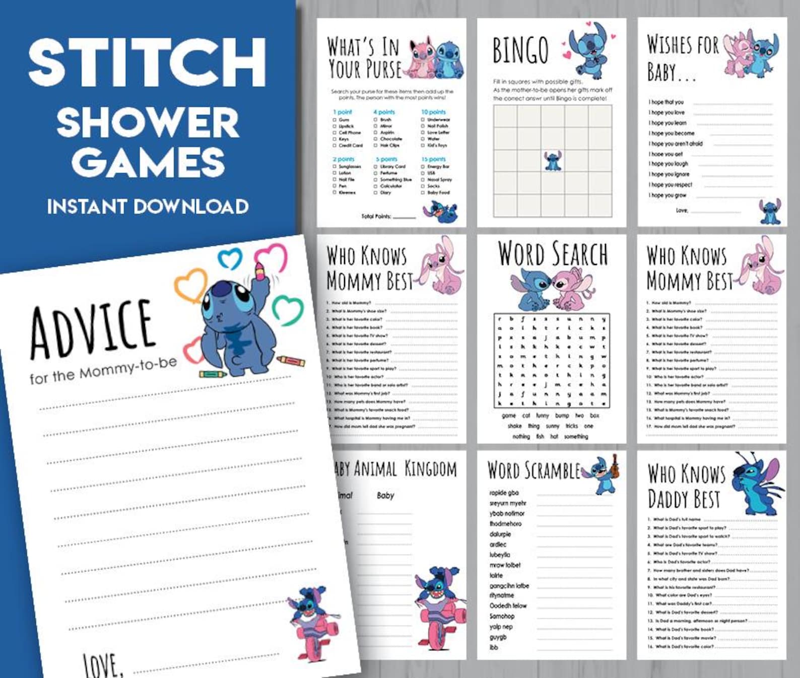 Stitch Baby Shower Games Set | the Price is Right Guess Who Games ...