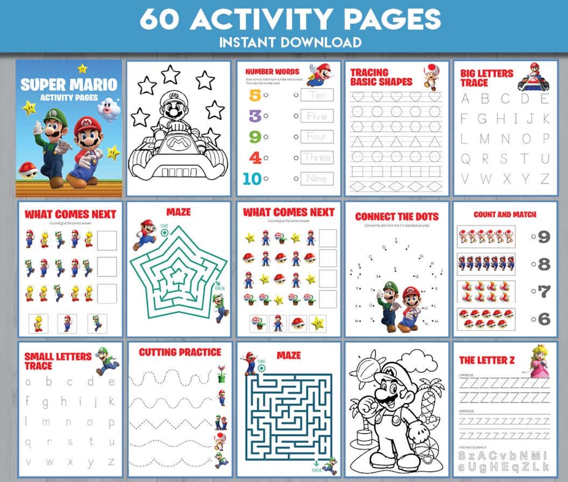 Mario Activity Pages | Preschool Workbook Set Bundle | Mario Printable ...