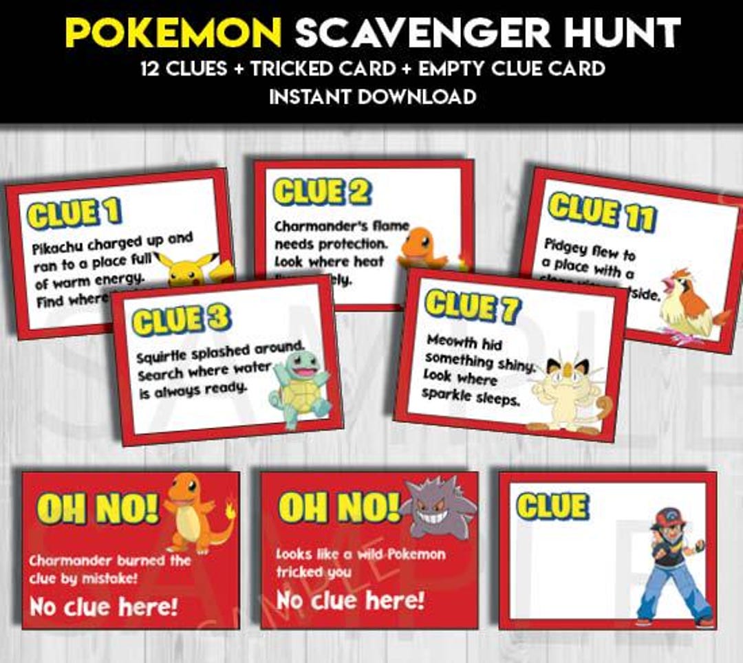 Pokémon Scavenger Hunt Clues Riddles Game | Pokemon Party Birthday ...