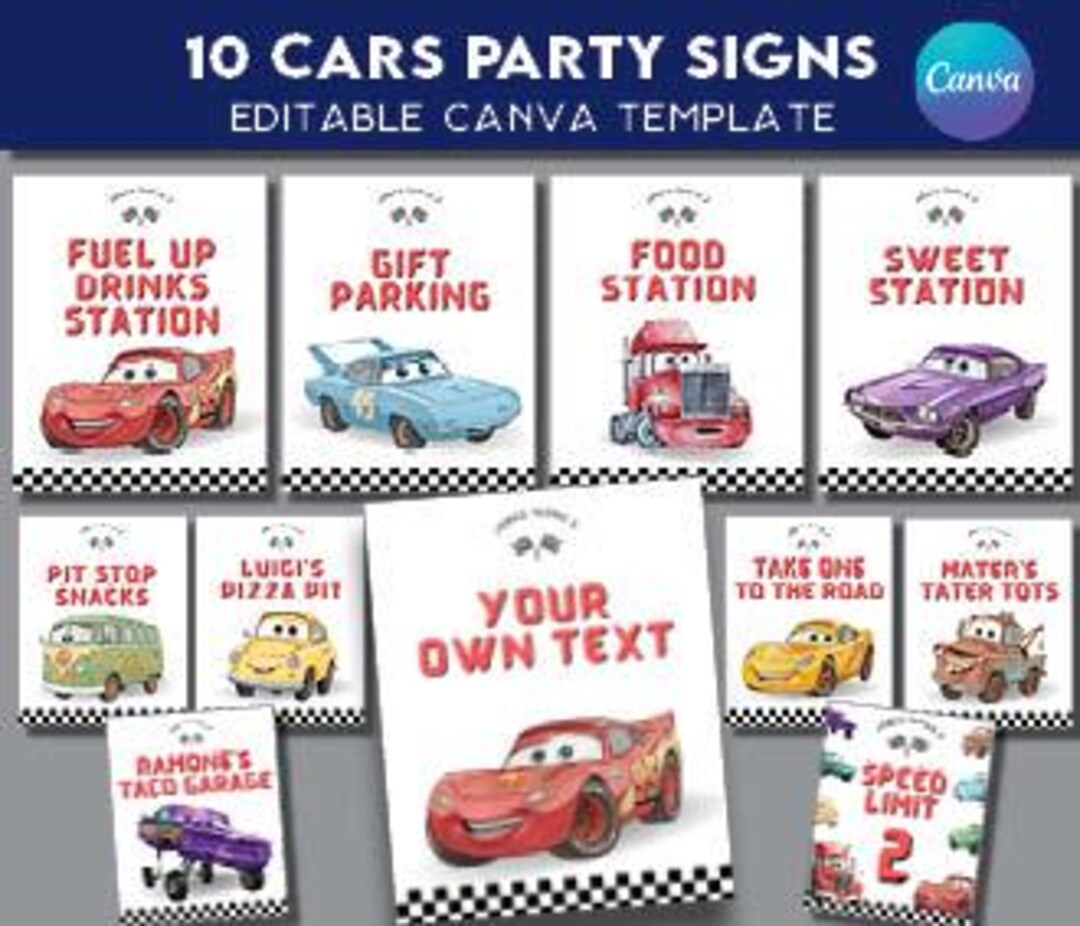 EDITABLE TEXT Cars Party Signs, Food and Activity | Lightning Mcqueen ...