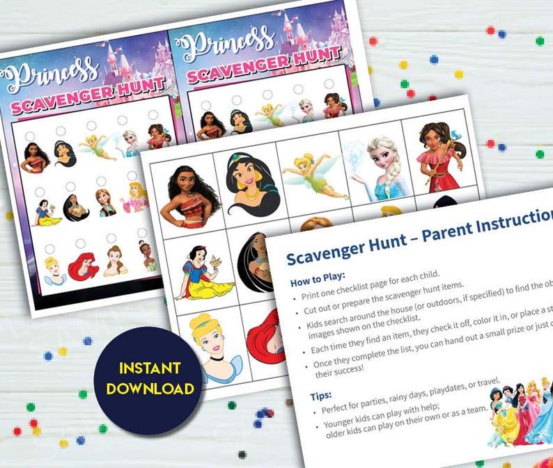 Princess Tricky Scavenger Hunt Checklist Game | Birthday Treasure Hunt ...