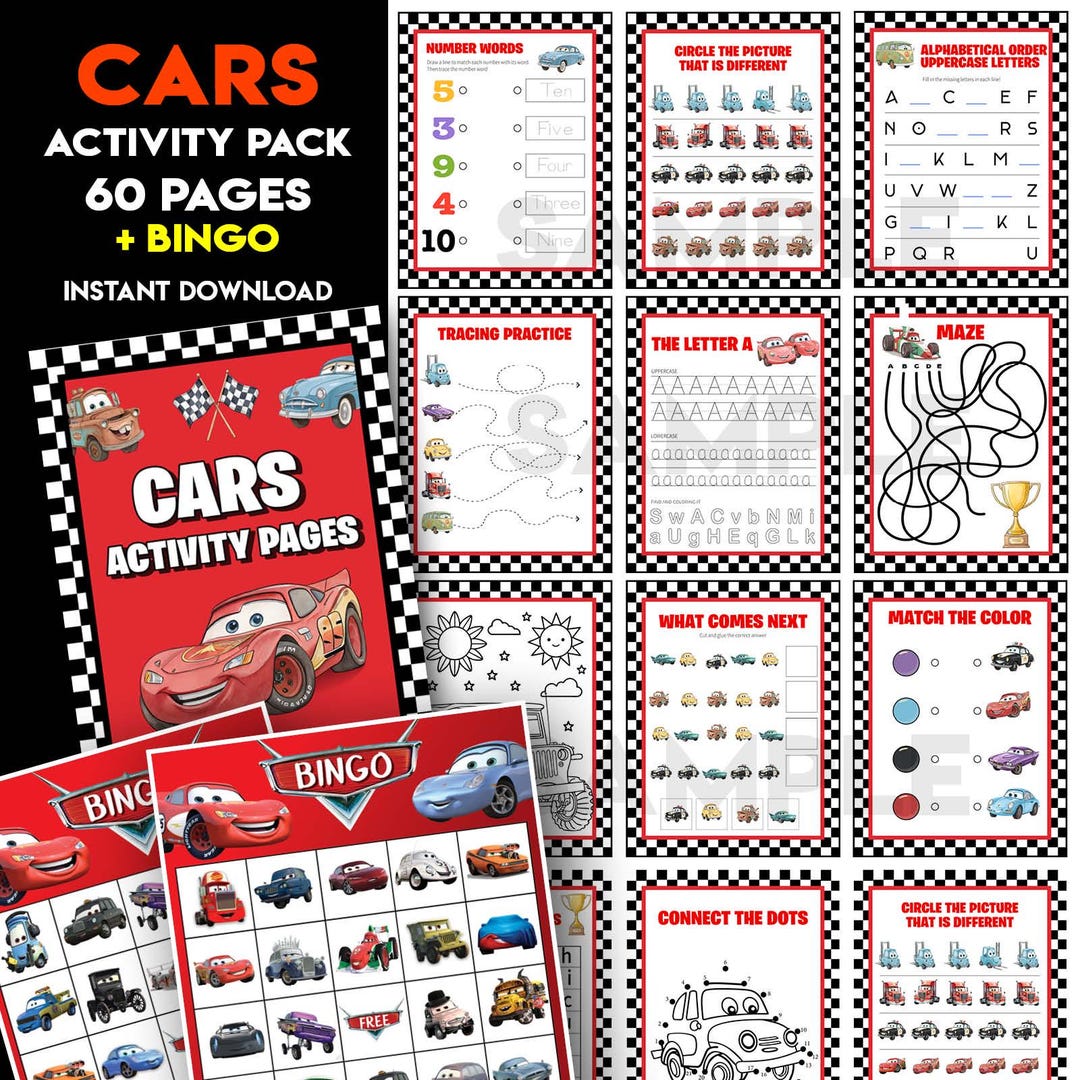 Cars Huge Activity Pages | Preschool Games Bingo | Lightning Mcqueen ...