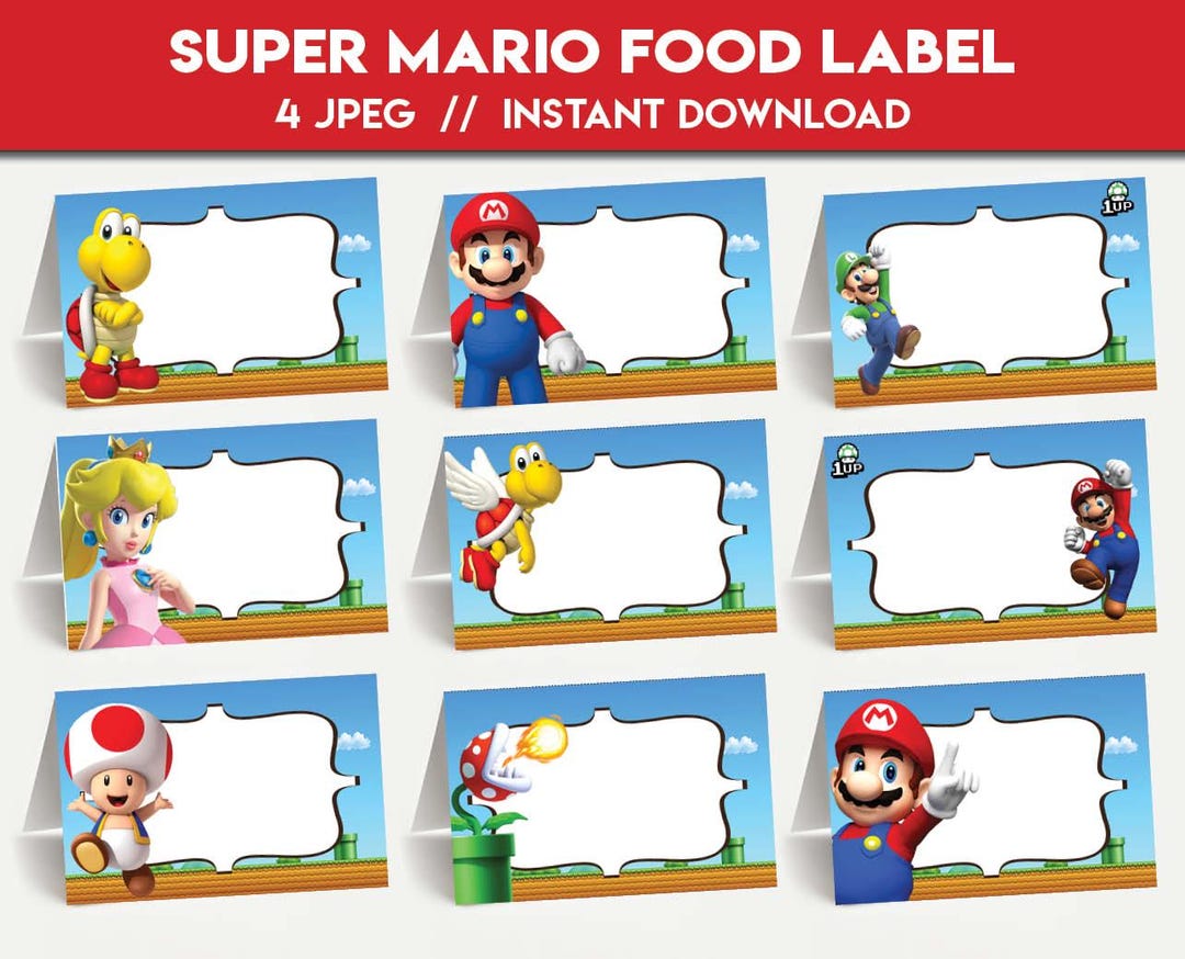 Super Plumber Brothers Food Label Tent | Mario Party Birthday Set Food ...