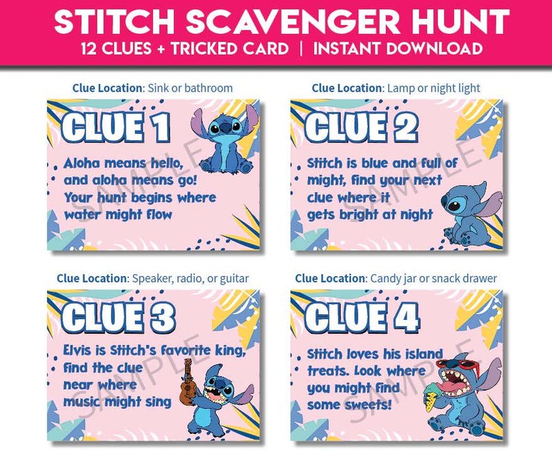 Stitch Tricky Treasure Hunt Clues Riddles Game PINK | Party Lilo ...