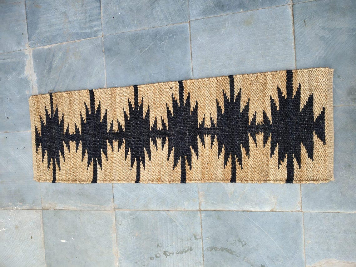 Handwoven Jute Runner Rug, Black Tribal Pattern, Boho Farmhouse Decor ...
