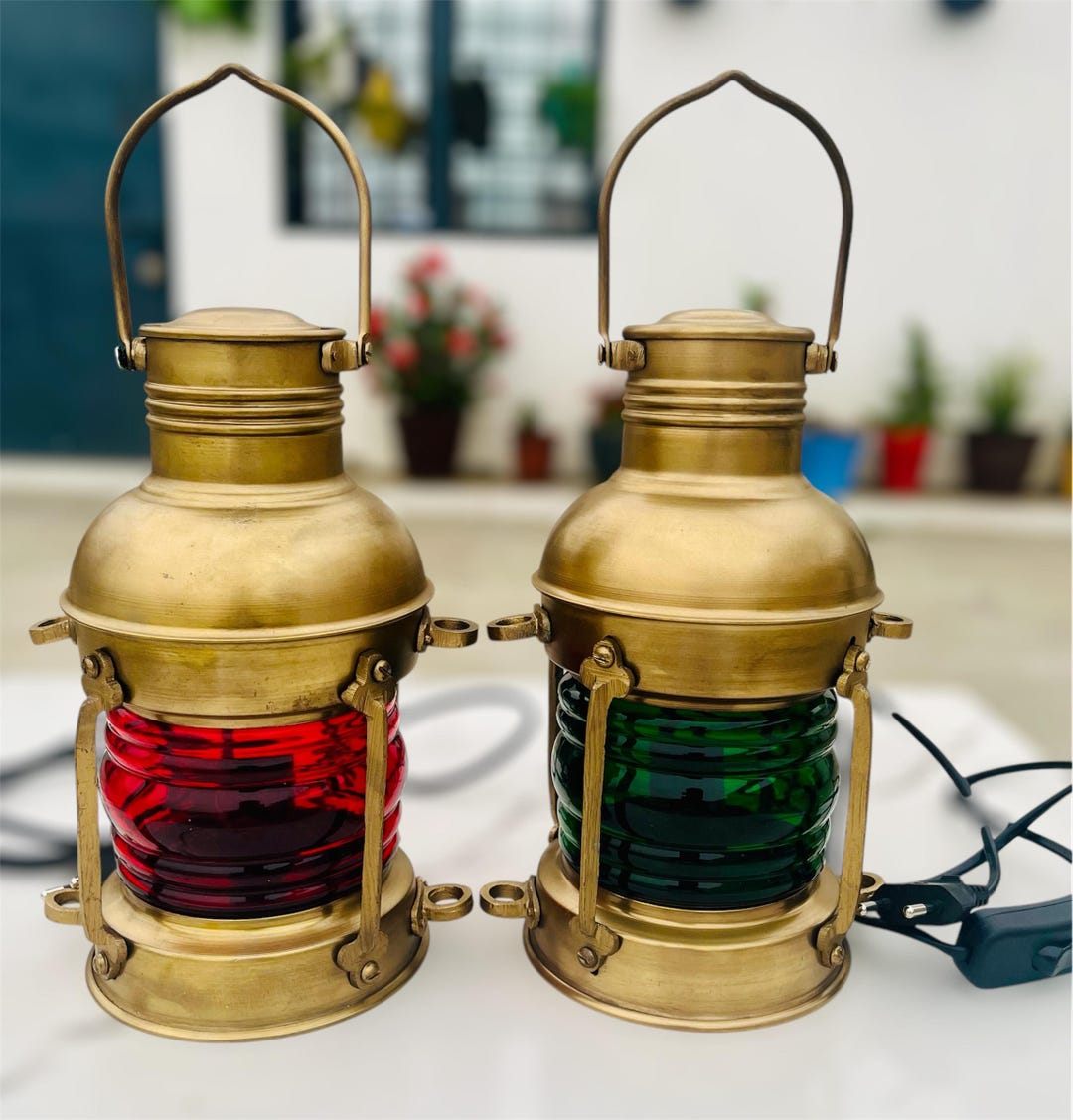 Set of 2 Antique Metal Electric Lanterns: Nautical Maritime Ship Lamps ...