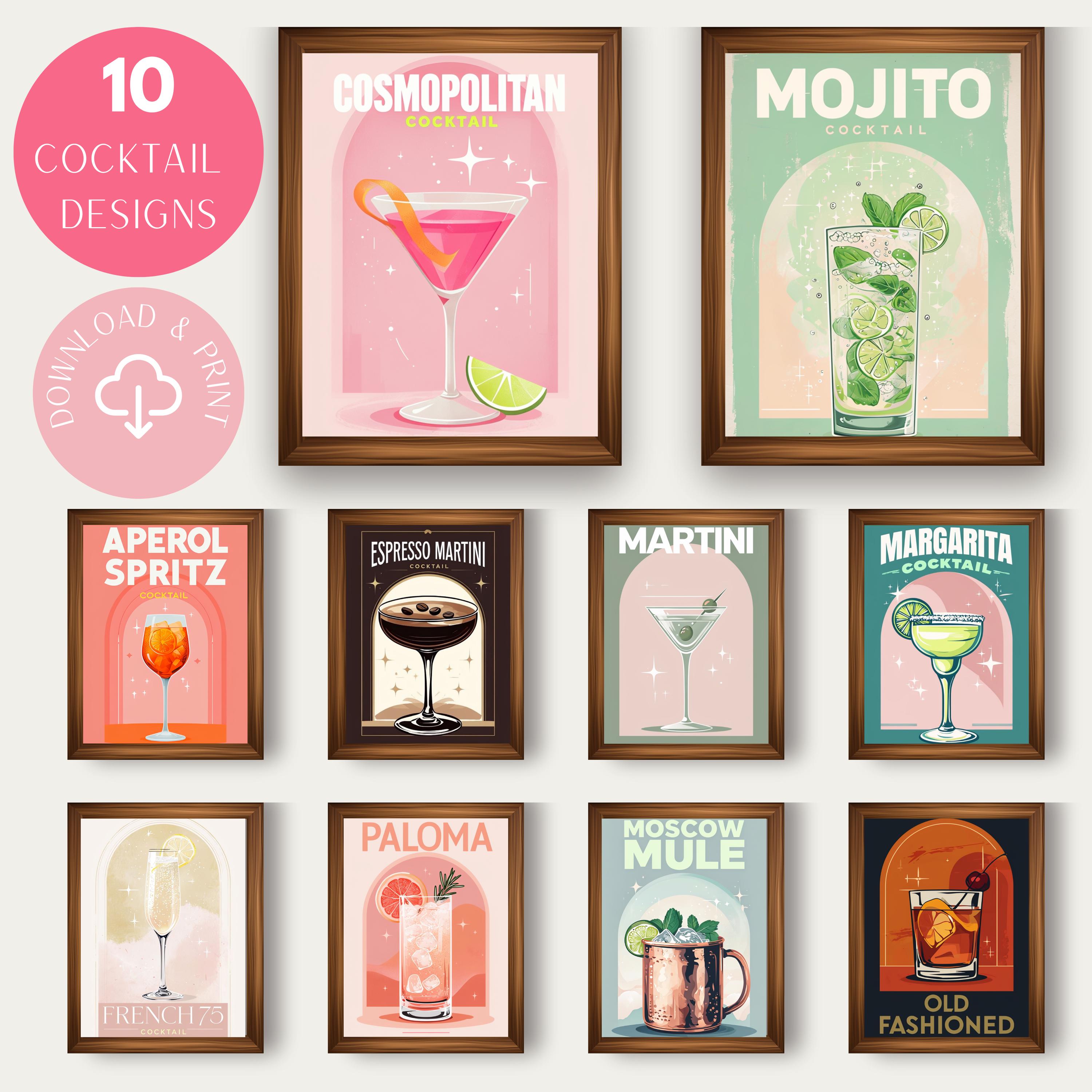 Retro Cocktail Poster Bundle - Vintage Bar Prints for Kitchen & Home ...
