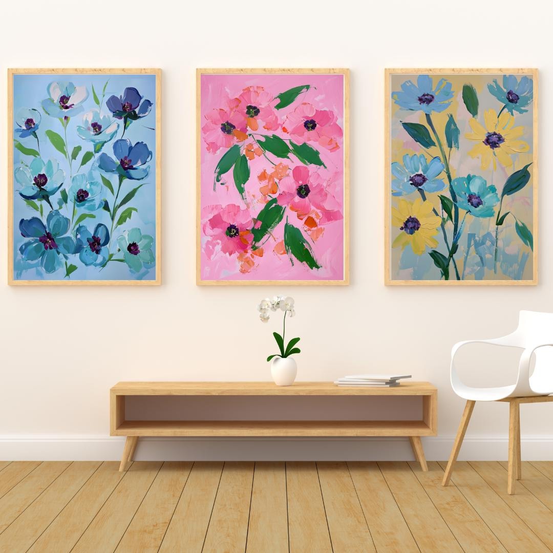 Modern Southern Floral Wall Art Set of 3 | Bright Botanical Prints ...