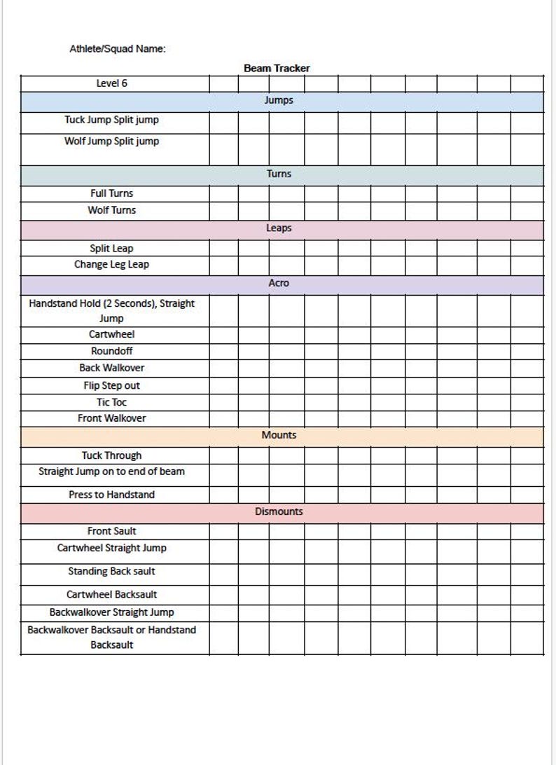 Gymnastics Beam Skills Tracker Template - WAG Level 6 - Etsy