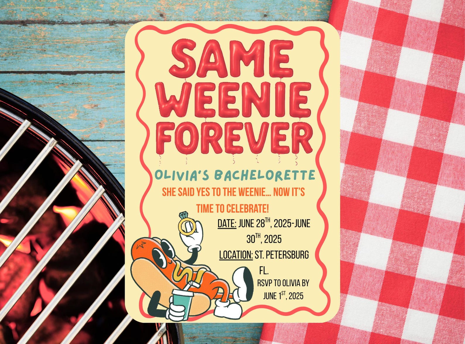 Same Weenie Forever Bachelorette Invite – Funny Editable Canva Template ...