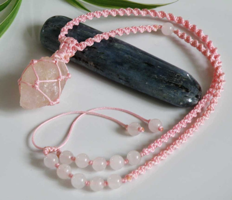 Rose Quartz Necklace Pink Macrame Rough Natural Stone - Etsy