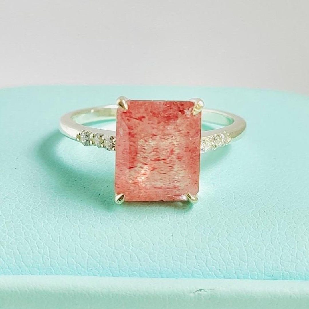 Emerald Cut Strawberry Quartz Ring: Sterling Silver, Simulated Diamond ...