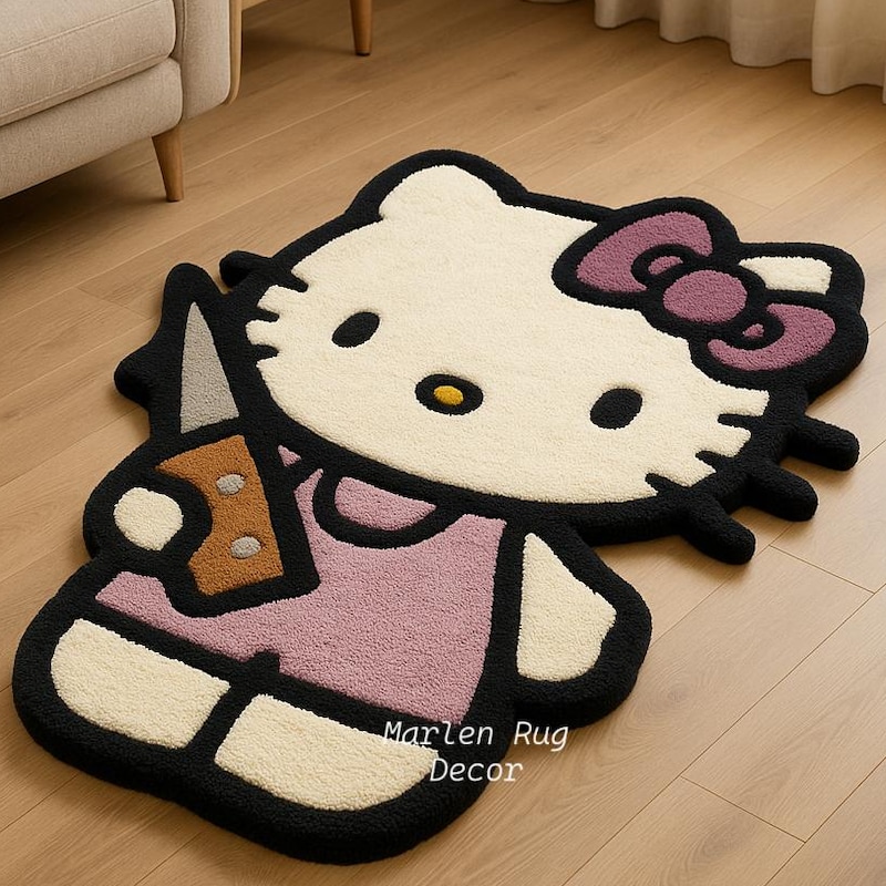 Pink Cartoon Cat Rug - Etsy