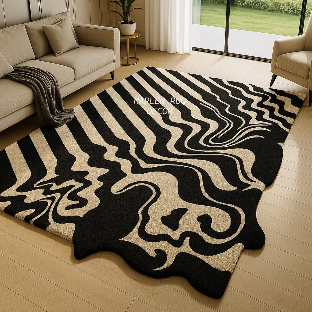 Black White Wavy Rug – Modern Abstract Shape Carpet for Living Room and ...