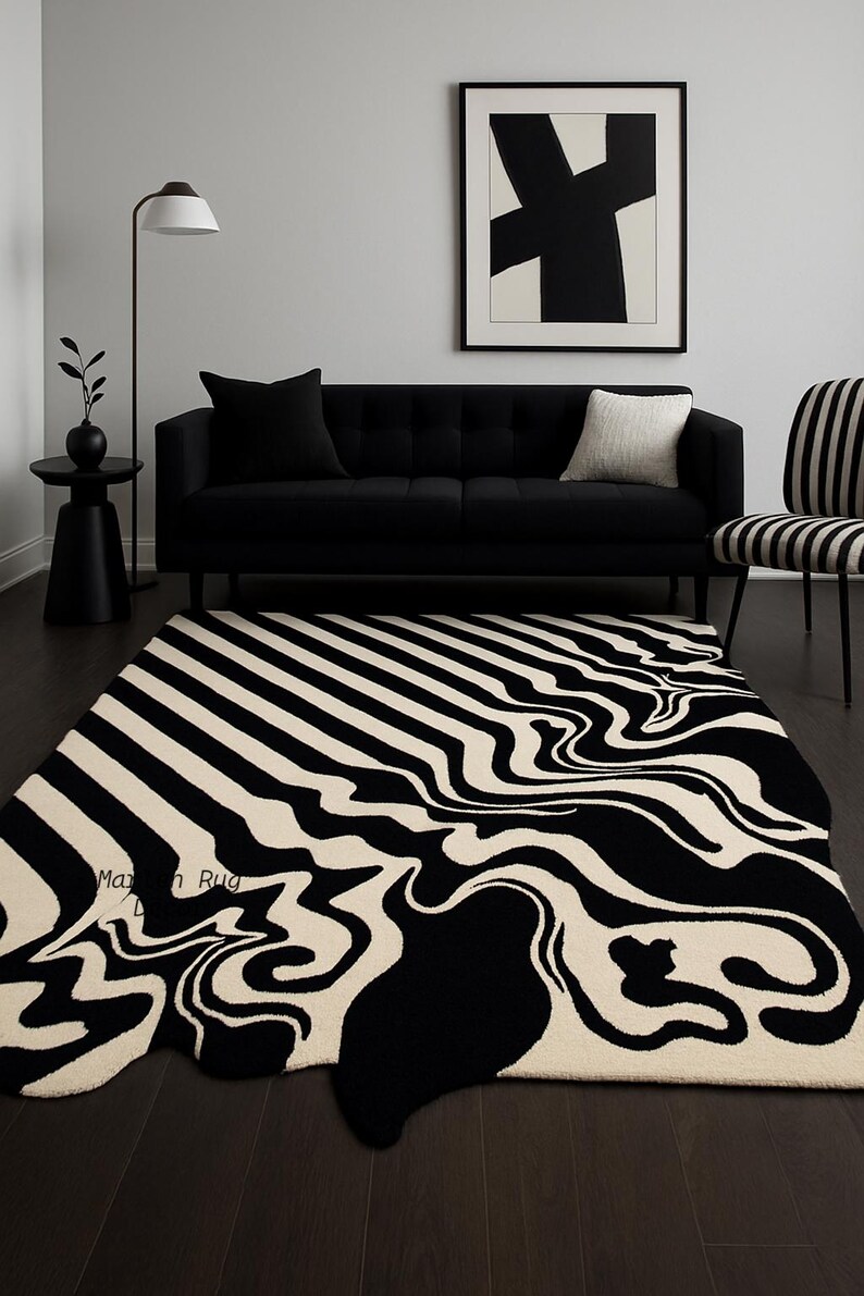 Black White Wavy Rug – Modern Abstract Shape Carpet for Living Room and ...