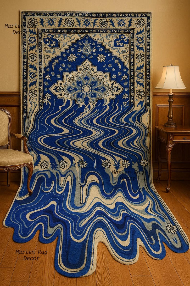 Royal Blue Irregular Mandala Wool Area Rug Melting Edge Modern Living ...