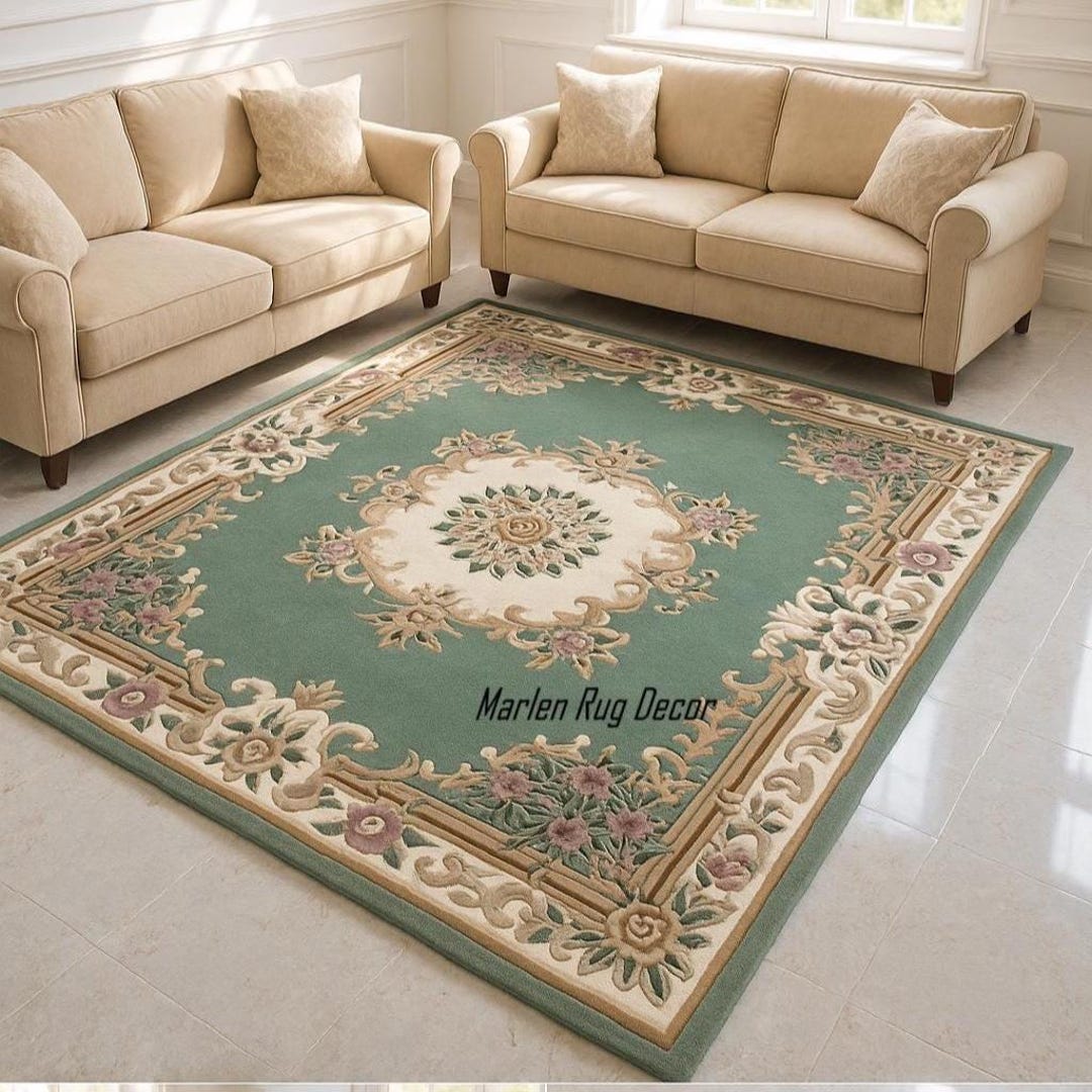 Vintage Green Medallion Rug Handmade Hand Tufted Wool Traditional Area ...