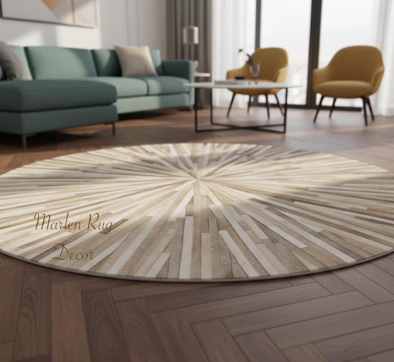 Neutral Round Sunburst Rug Hand Tufted Wool Modern Statement Living ...