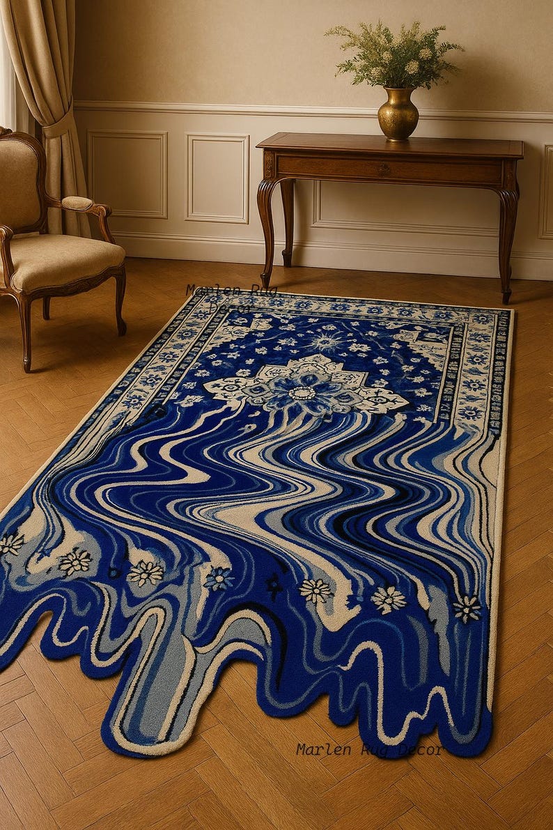 Royal Blue Irregular Mandala Wool Area Rug Melting Edge Modern Living ...