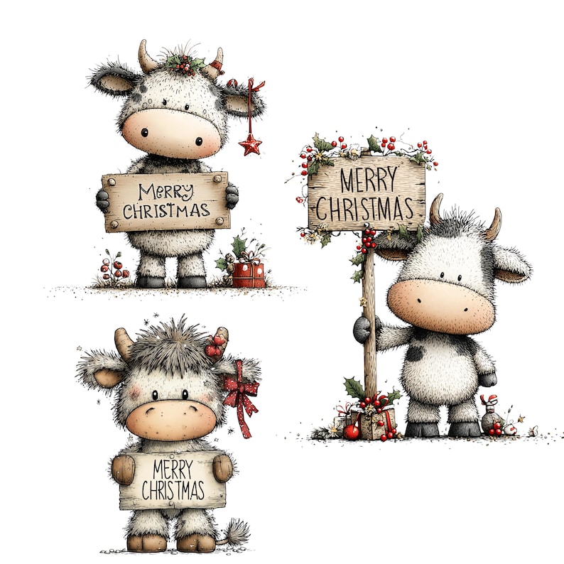 Rustic Christmas Cute Cows Clipart: Festive Holiday Graphics (digital ...