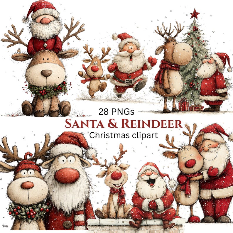 Santa & Reindeer Christmas Clipart: Festive Holiday Graphics (digital ...