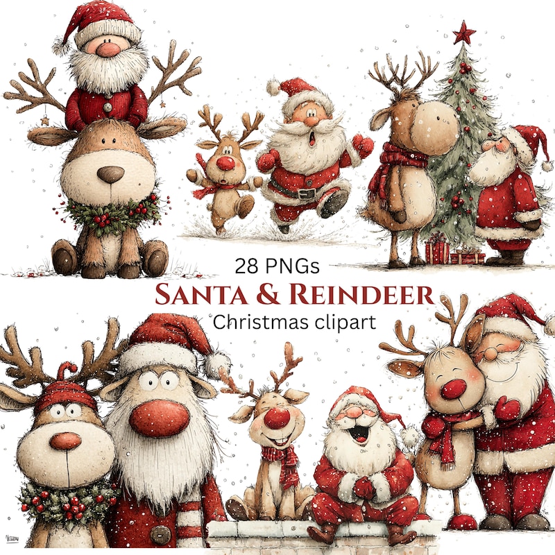 Santa With Rudolph Clip Art - Etsy