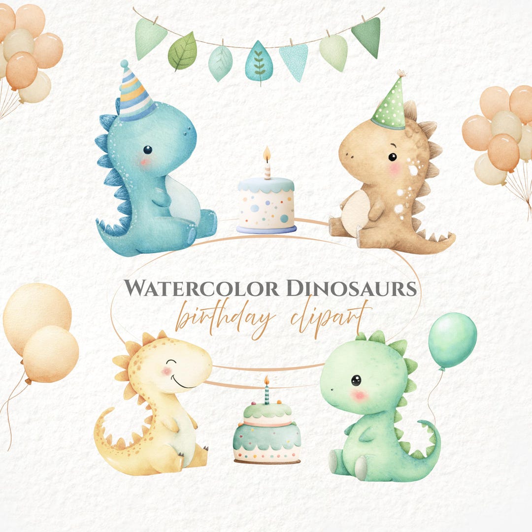 Watercolor Dinosaur Birthday Clipart: Dinos With Hats PNG (digital ...