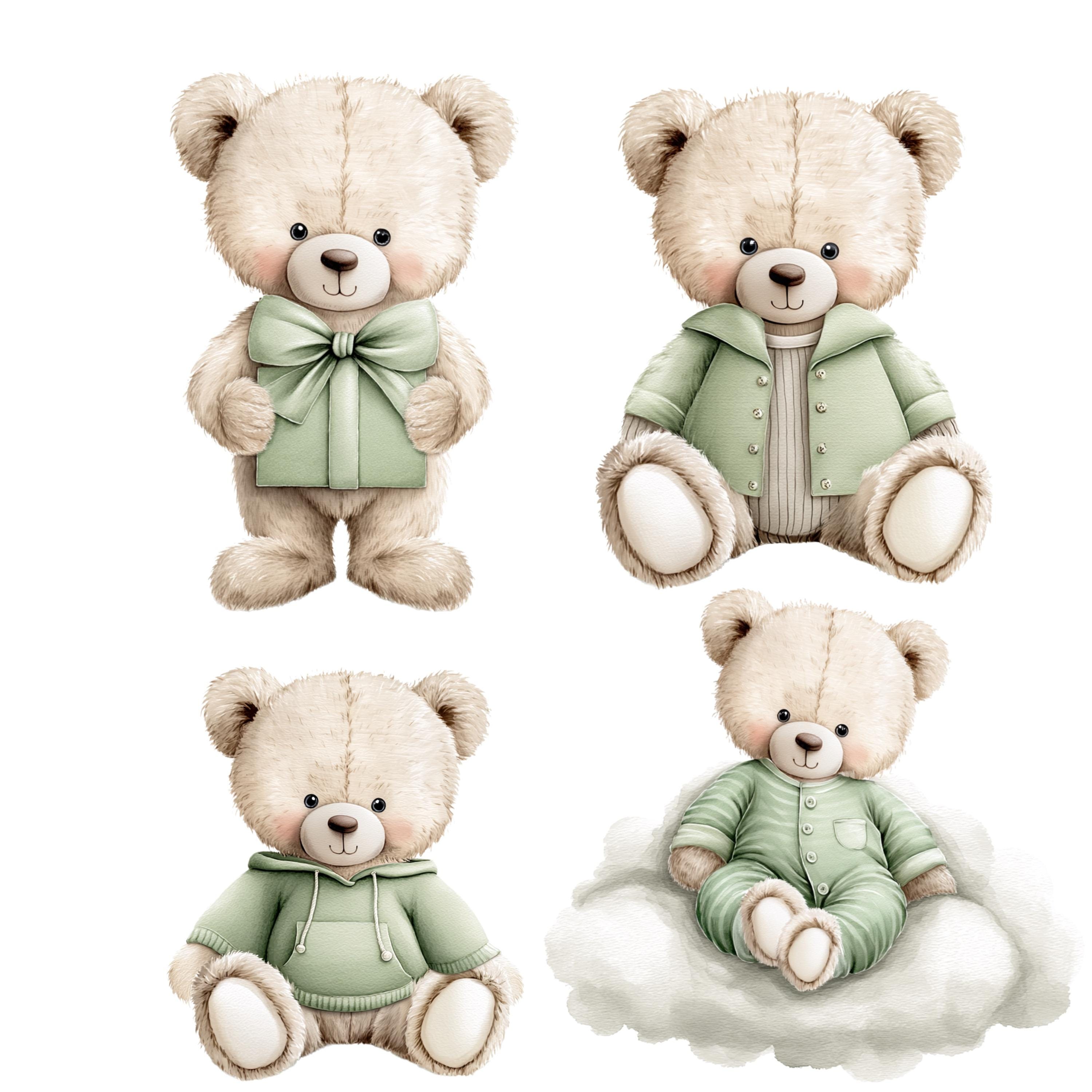 Watercolor Teddy Bear Clipart: Green Baby Teddies Graphics (digital ...