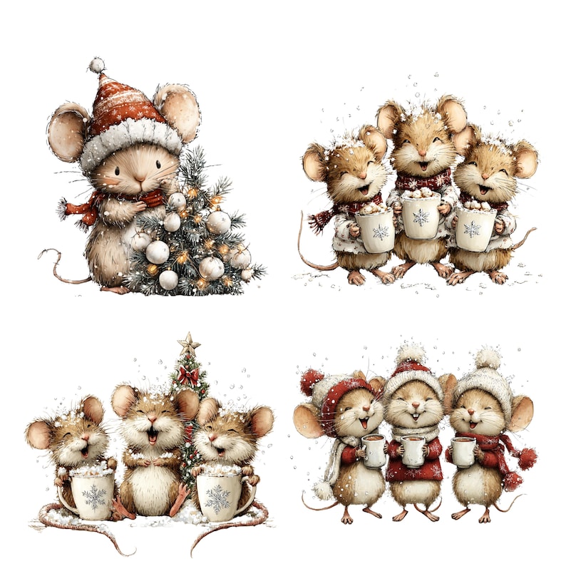 Whimsical Mouse Christmas Clipart: Cute Holiday Graphics (digital ...