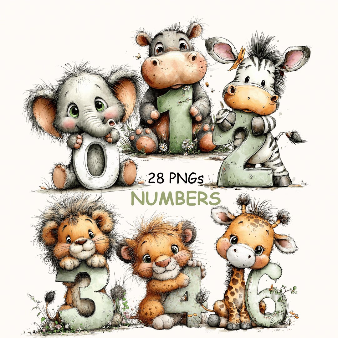Safari Numbers Clipart: Jungle Baby Animals Watercolor Pngs (digital ...