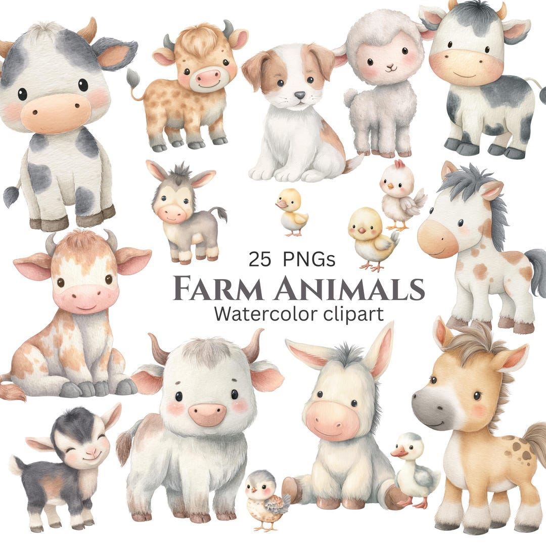 Watercolor Farm Animals Clipart: Nursery Art PNG Graphics (digital ...