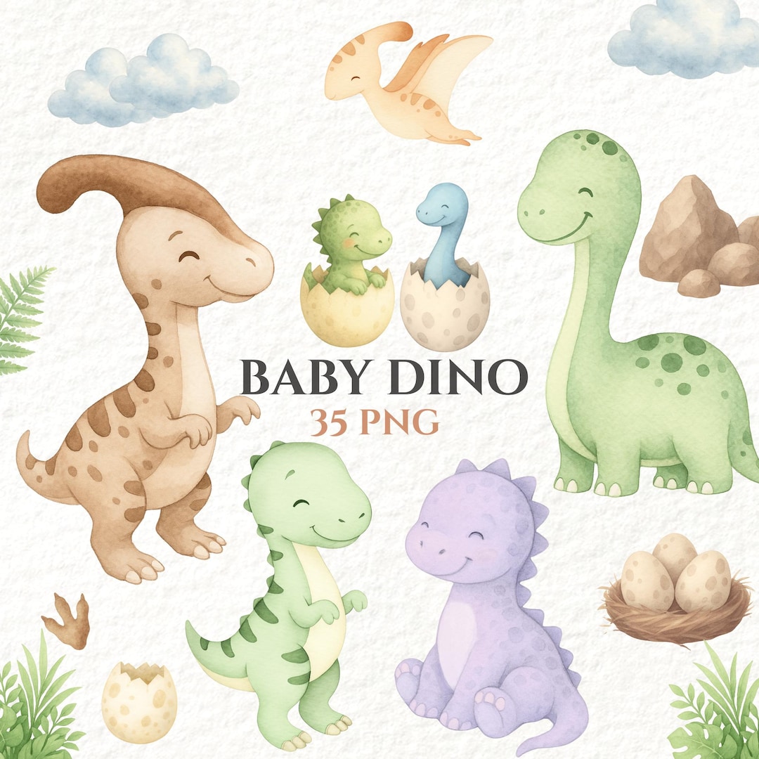 Watercolor Baby Dinosaur Clipart PNG: Nursery Decor (digital Download ...