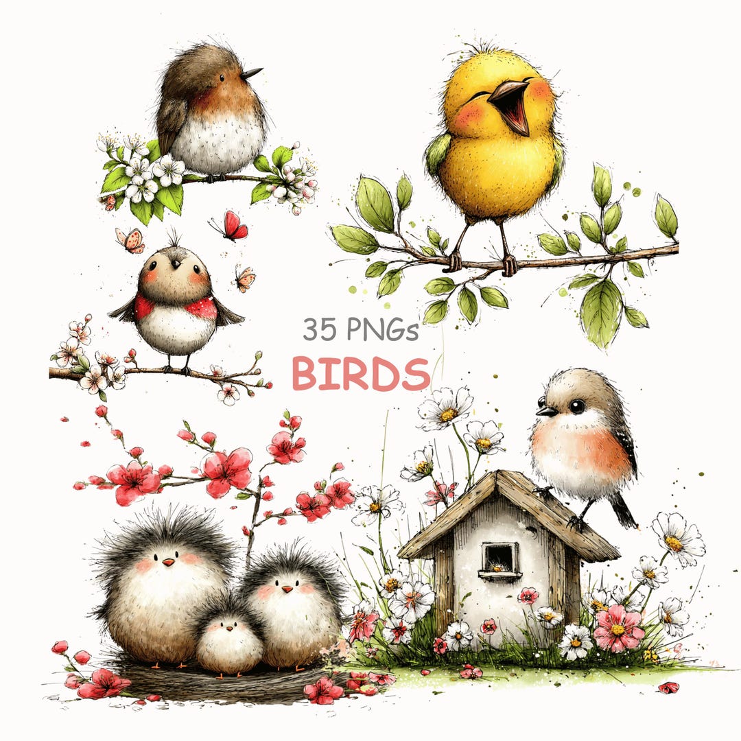 Whimsical Birds Clipart Bundle: Spring Watercolor Graphics (digital ...