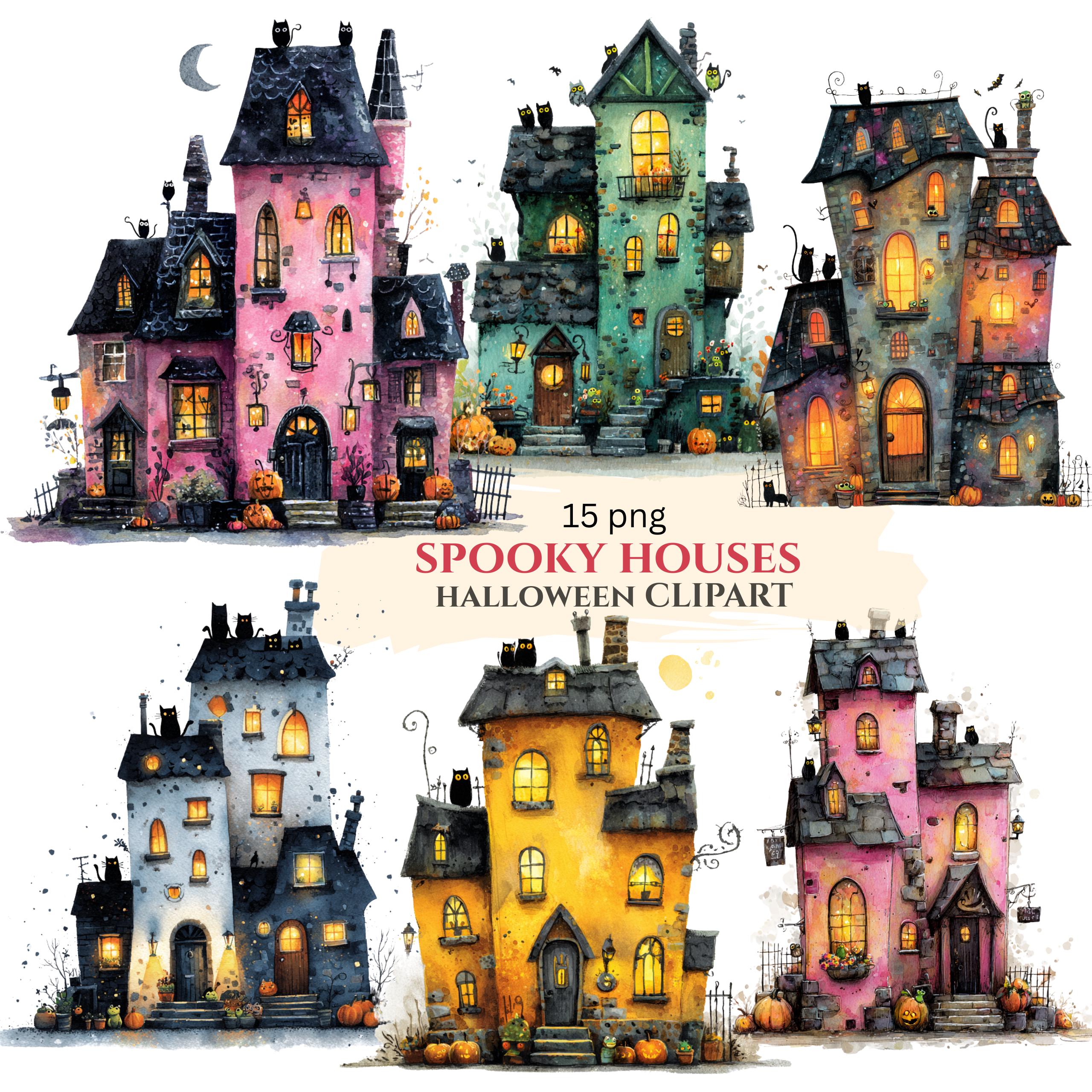 Watercolor Halloween Haunted Houses Clipart: Spooky PNG Illustrations ...