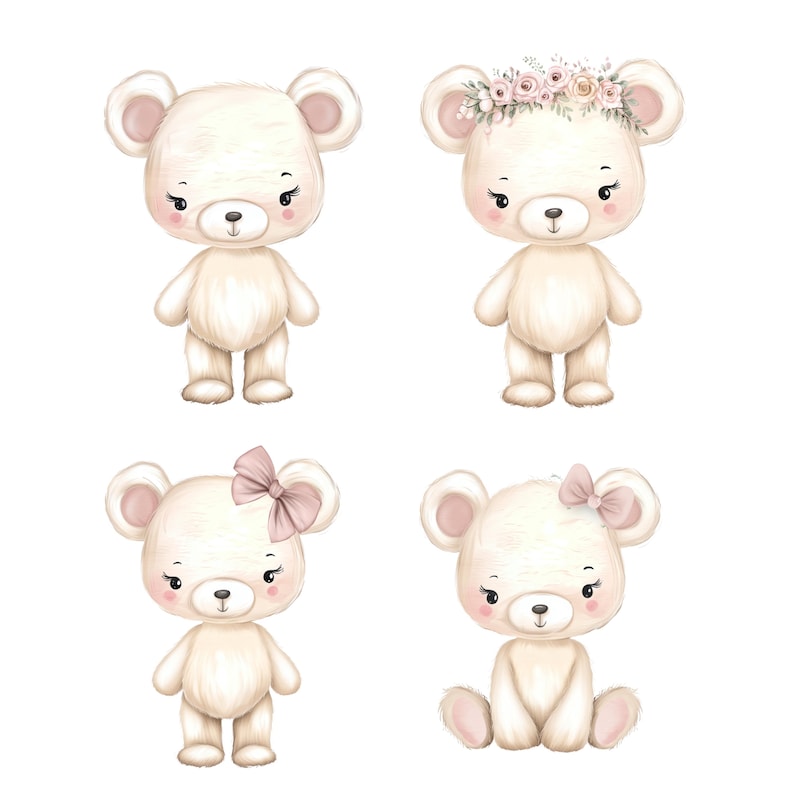 Pink Teddy Bear Girl Clipart: Nursery PNG Illustrations Set (digital ...