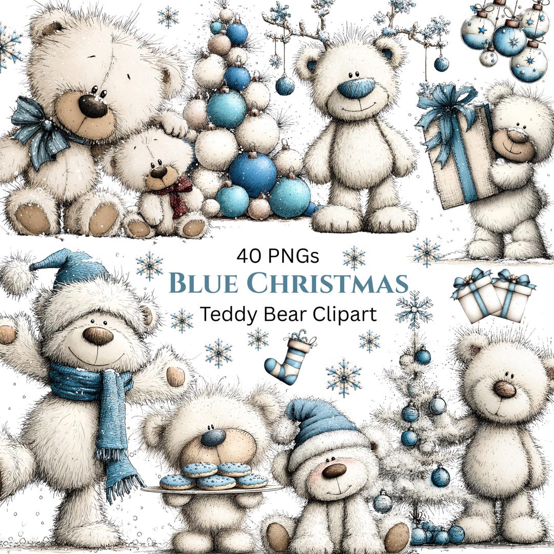 Christmas Teddy Bear Blue Clipart: Whimsical Festive Graphics (digital ...