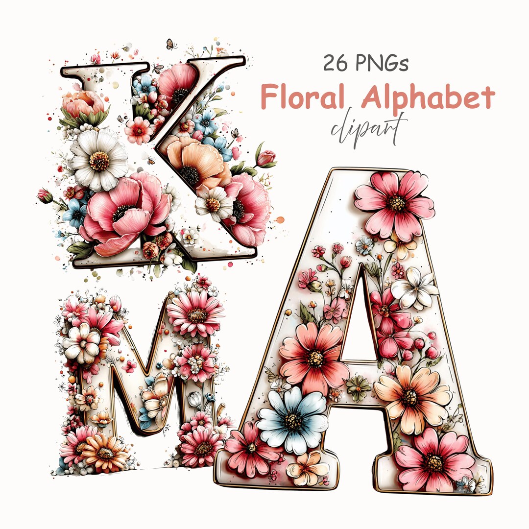 Floral Alphabet Clipart: Flower Letters A–Z - (digital Download - 26 ...