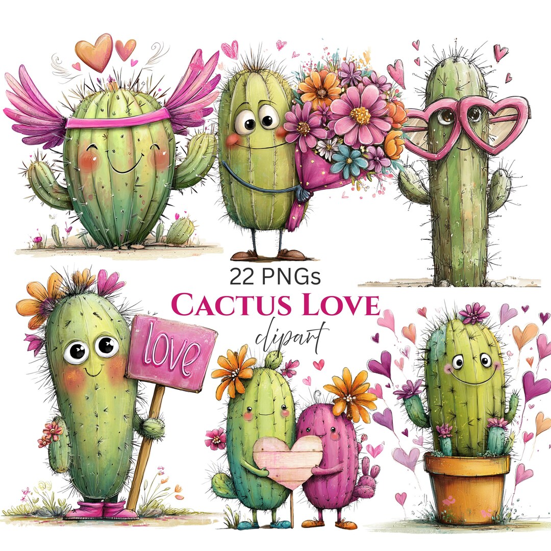 Whimsical Cactus Valentine's Day Clipart: Love Graphics (digital ...