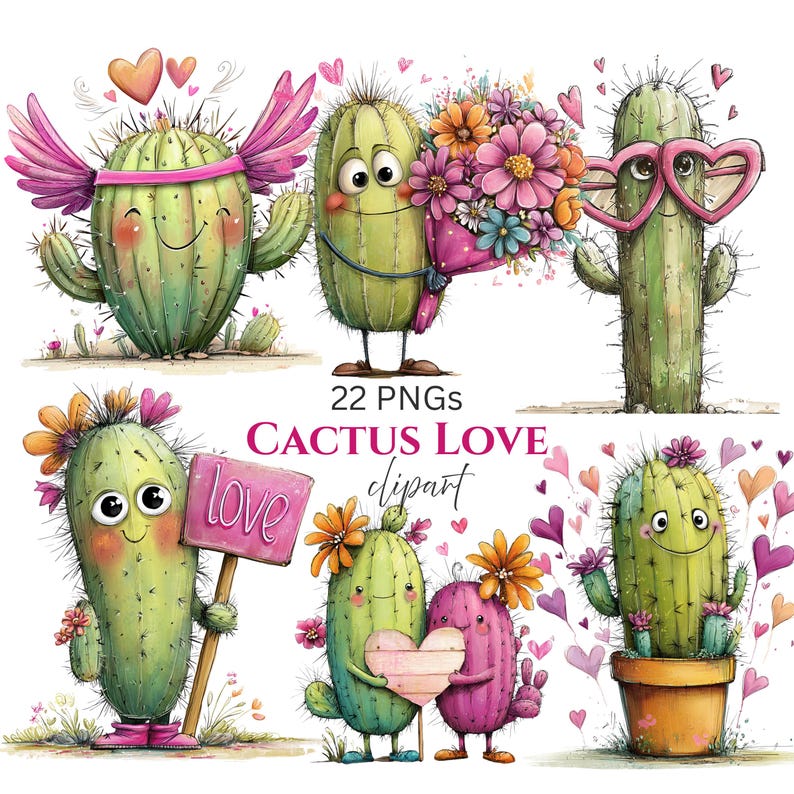 Whimsical Cactus Valentine's Day Clipart: Love Graphics (digital ...