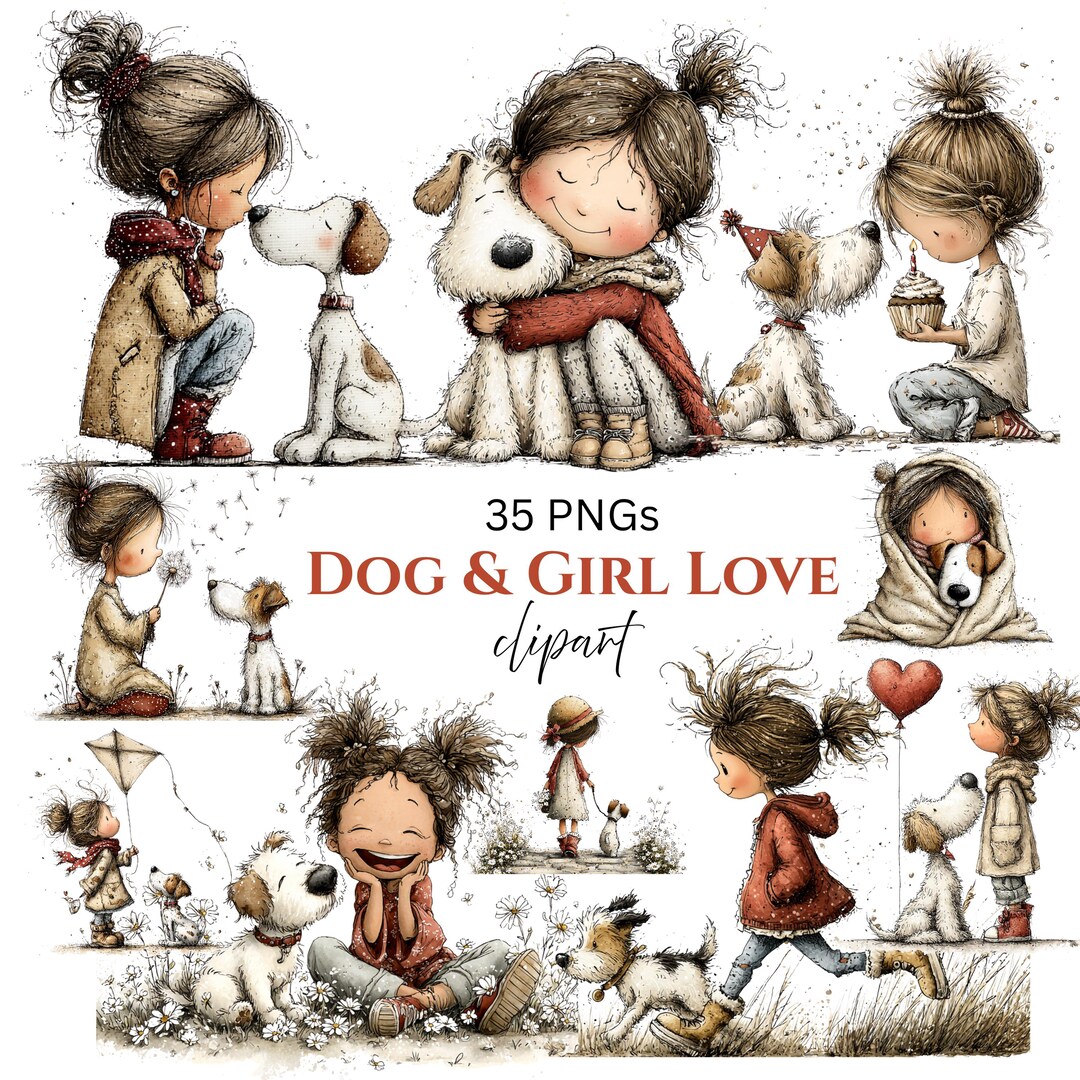 Whimsical Girl & Dog Love Clipart: Sweet Graphics (digital Download ...