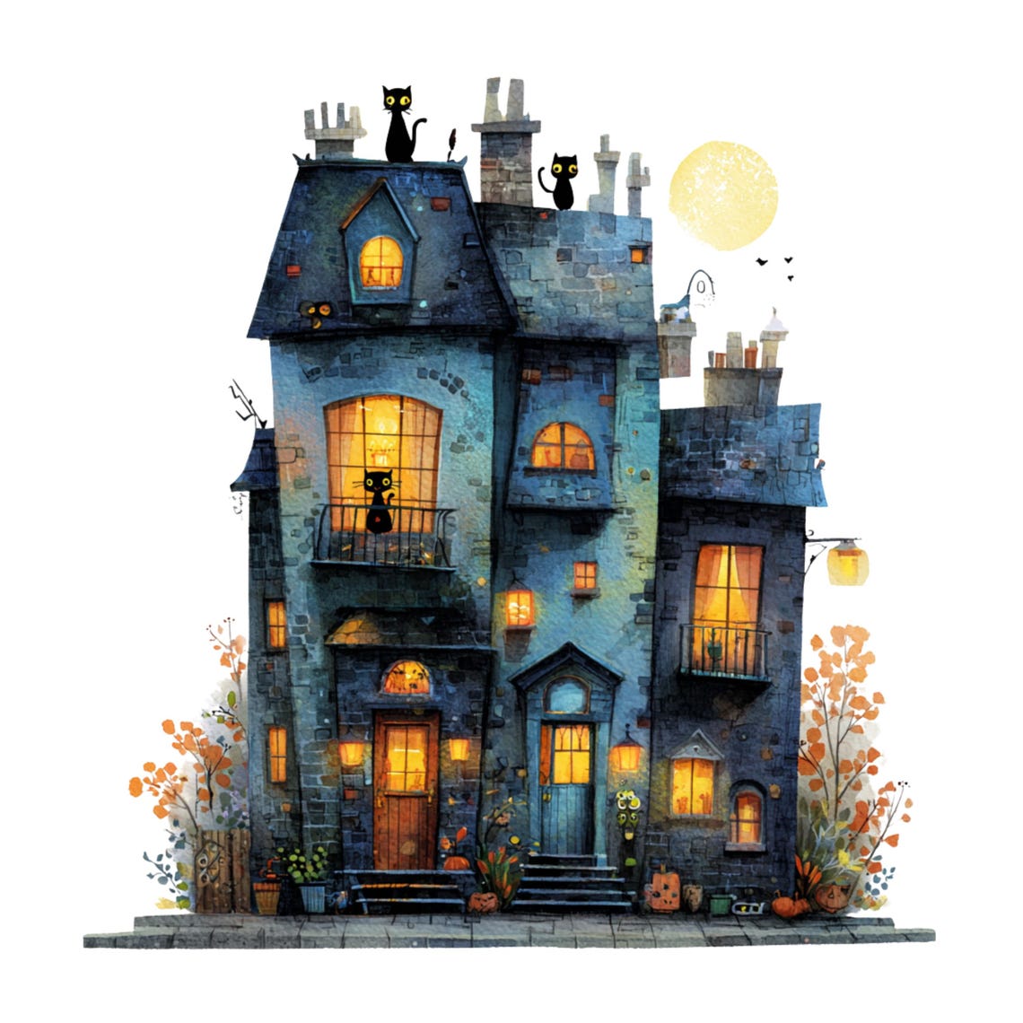 Watercolor Halloween Haunted Houses Clipart: Spooky PNG Illustrations ...