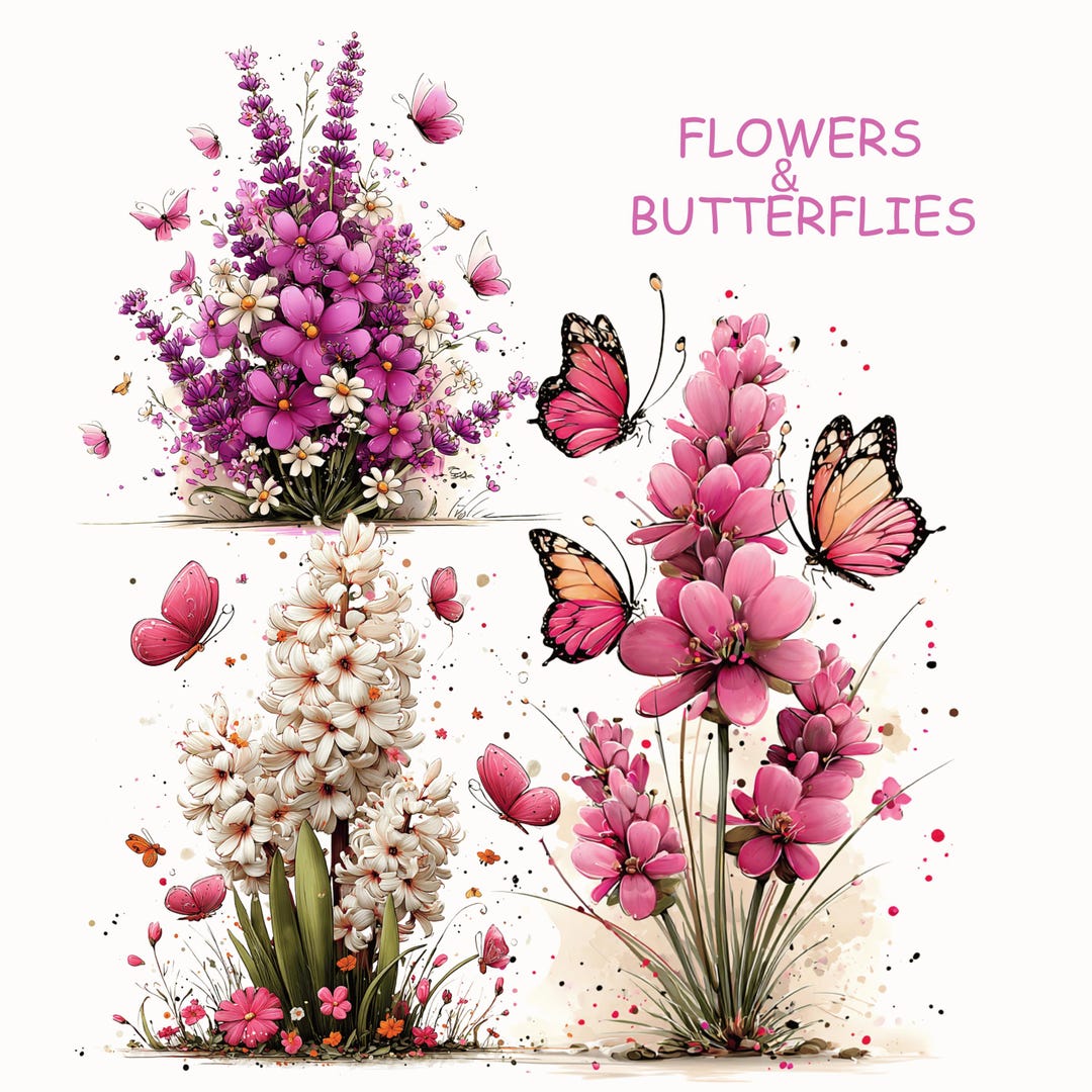 Flowers Butterflies Clipart: Yellow Pink Blue Flowers (digital Download ...