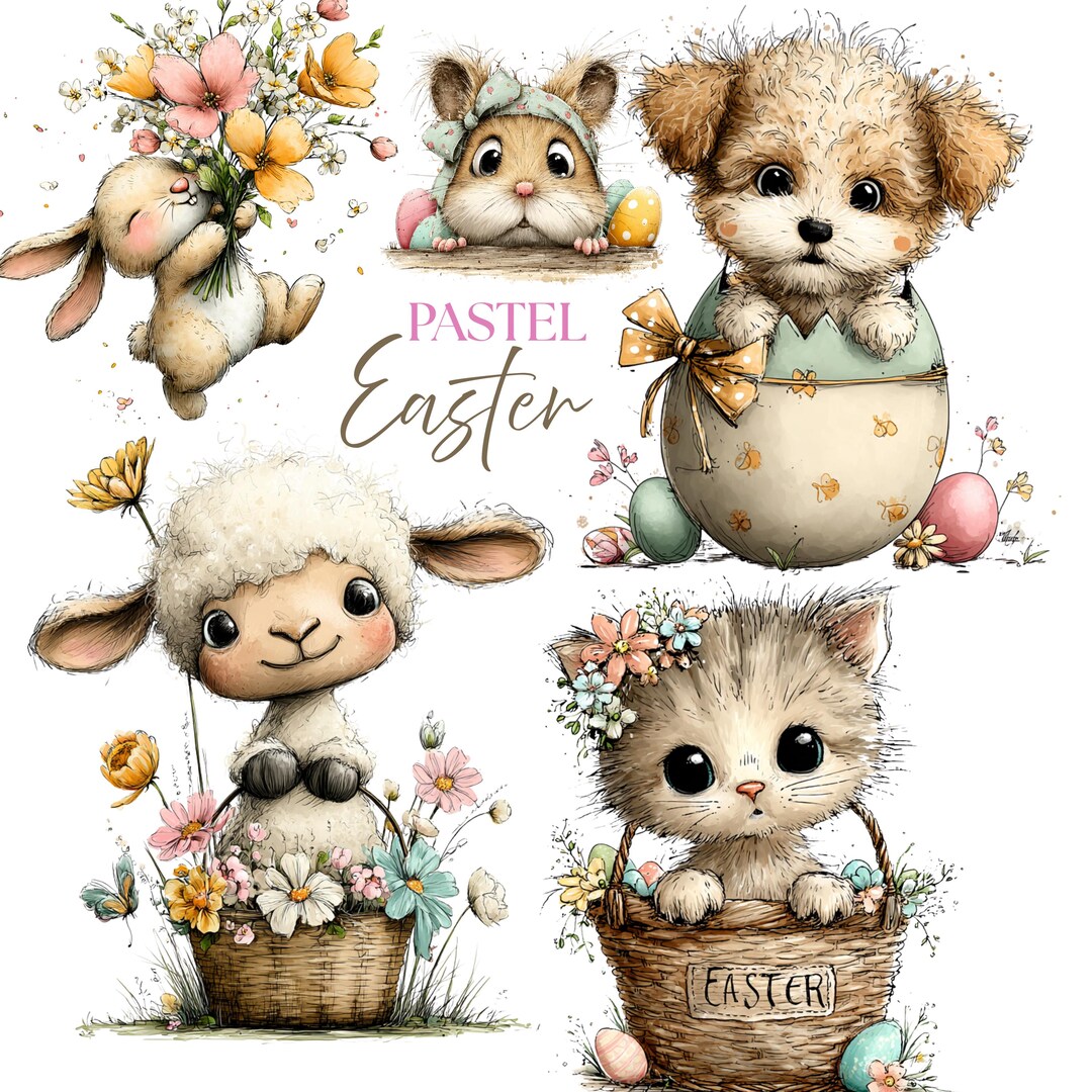 Happy Easter Animals Clipart: Whimsical Bunny Dog Lamb Graphics ...