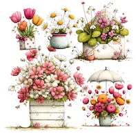 Whimsical Flower PNG Set, Cute Smiling Florals, Hand-drawn Doodle ...